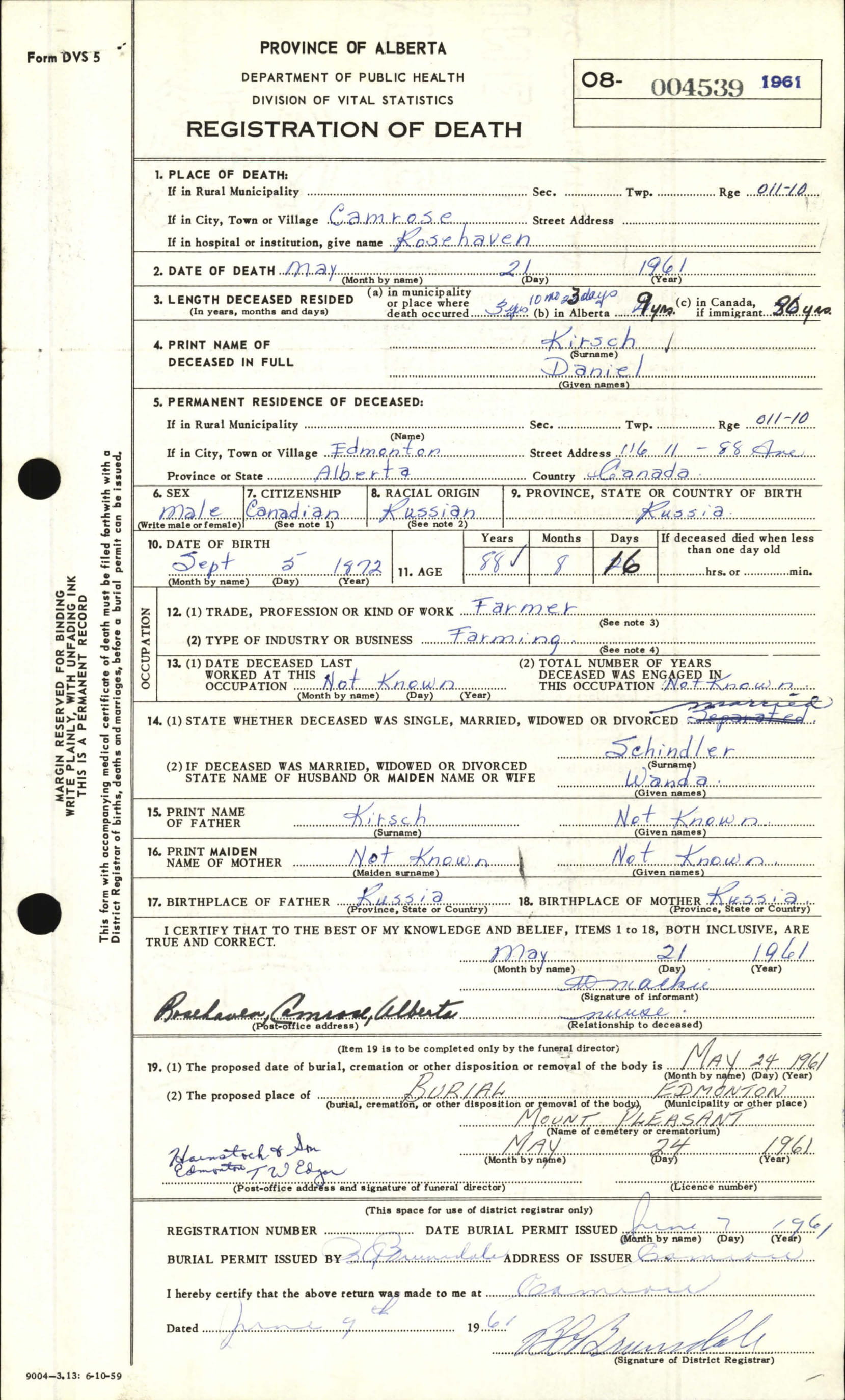 Daniel and Wanda Kirsch Death Records – Kelm History Blog